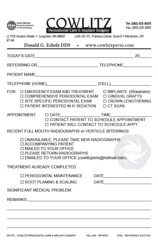 Referral Form Sentinel Periodontics & Implants Longview WA